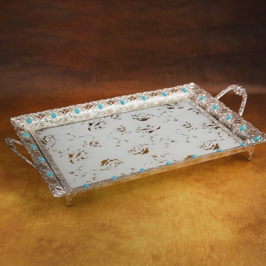Buy Designer Glass Tray with Metal Handle Large Silver and Blue | توصيل ...