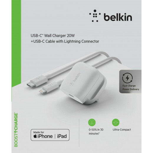 Buy Belkin 20W USB-C PD Wall Charger + USB-C to Lightning Cable - White ...