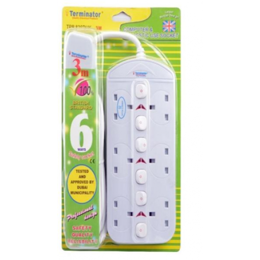Terminator 6 Way Universal Power Extension 3m – White | توصيل Taw9eel.com