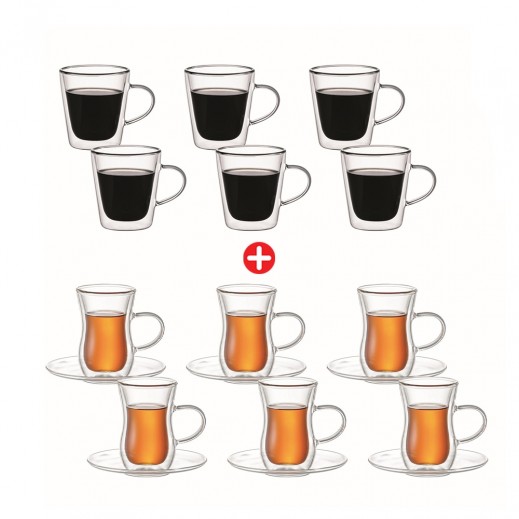 Buy Aramoro 12 Pcs Set 100 Ml + 6 Pcs Set 180 Ml Double Wall Glass Cup Free | توصيل Taw9eel.com