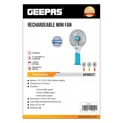 Buy Geepas Rechargeable Portable Mini Fan | توصيل Taw9eel.com