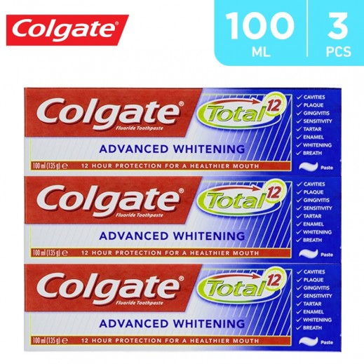 Buy Colgate Total 12 Advanced Whitening Toothpaste 100 ml 2 + 1 Free | توصيل Taw9eel.com