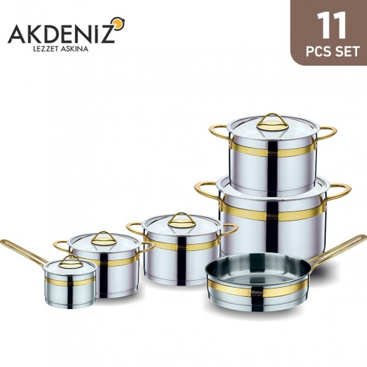 واير | طقم اواني الطهي ستانليس ستيل مع طلاء ذهبي دائري 10 قطعة من AKDENiZ
