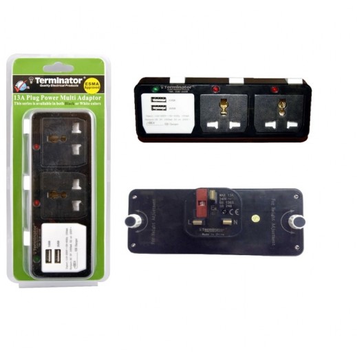 Terminator 2 Way Universal Socket Adaptor with 2 USB Ports - Black ...